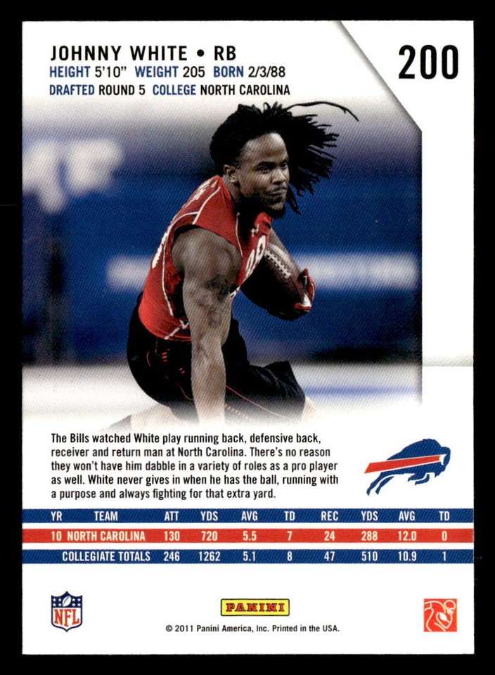 Johnny White 2011 Panini Rookies & Stars Rookie Card #200 Buffalo Bills ...