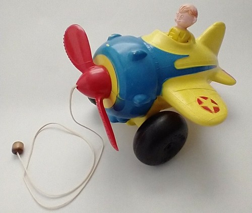 VTG Mascon Toy Plastic String Pull Behind Airplane Blue Yellow Pilot ...