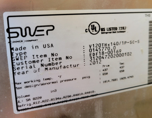 New V120THx140/1P-SC-S (LARGE) Swep Refrigeration Heat Exchanger MADE ...