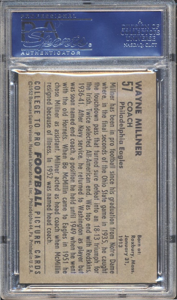 1952 Bowman Large Football Wayne Millner ROOKIE #57 PSA 8 EAGLES NMMT ...