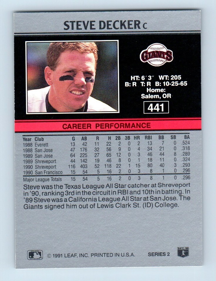 1991 Leaf Steve Decker Rookie San Francisco Giants #441 | eBay