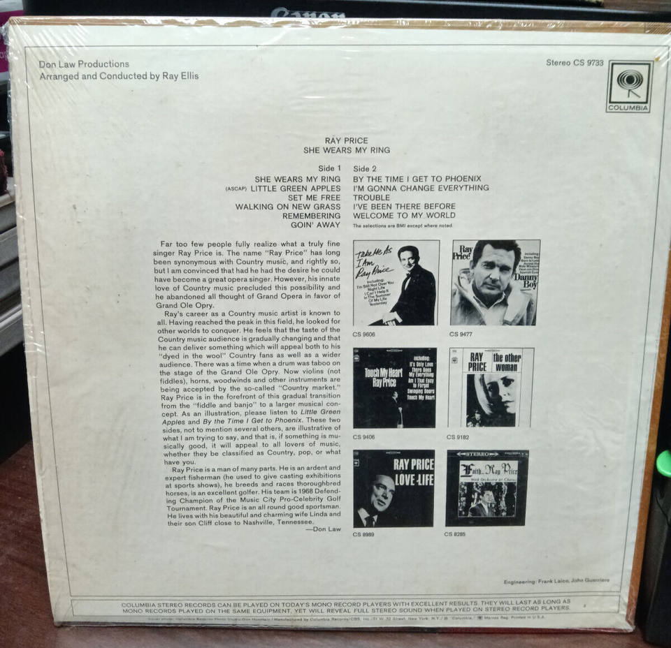 She Wears My Ring RAY PRICE LP CS 9733 (Vinyl, 1968, Columbia) WITH ...