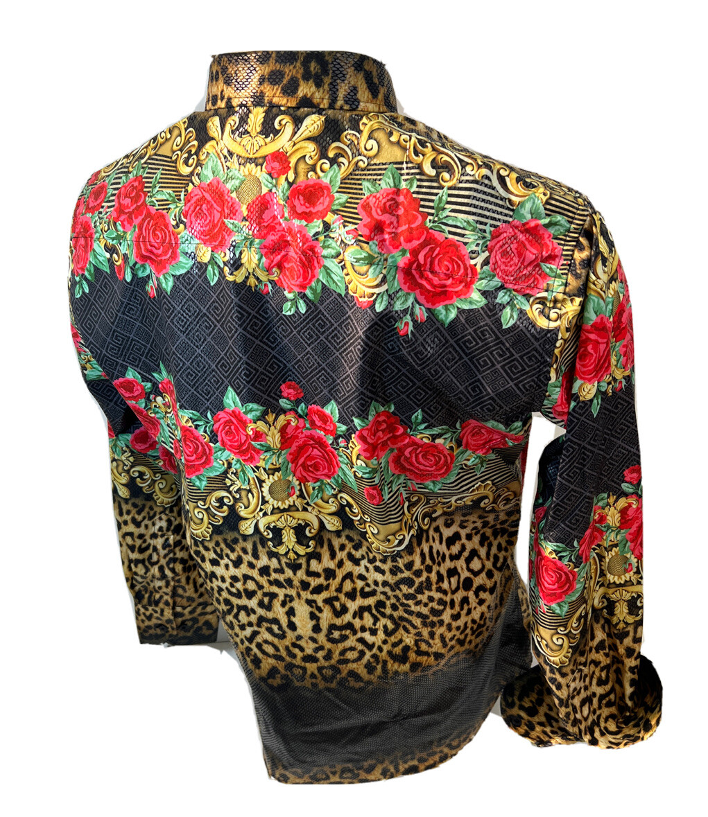 Button Down SHIRTS MEN BAROQUE LONG SLEEVE BLACK LEOPARD ROSES ...