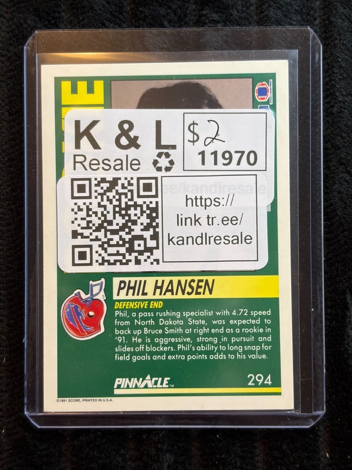 1991 Pinnacle Phil Hansen Rookie Football Card Defensive End #294 Mint ...