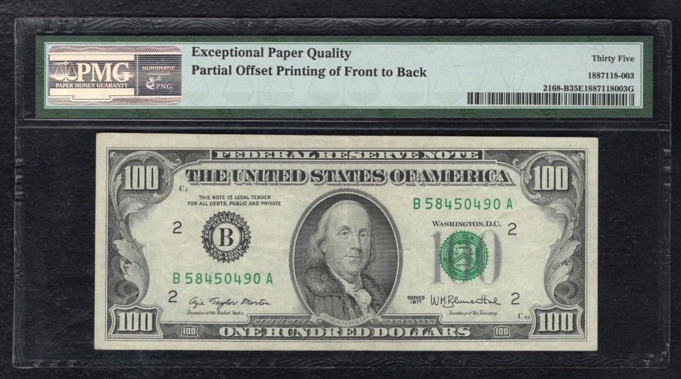 1977 $100 FRN FEDERAL RESERVE NOTE “OFFSET PRINTING ERROR” PMG VERY ...