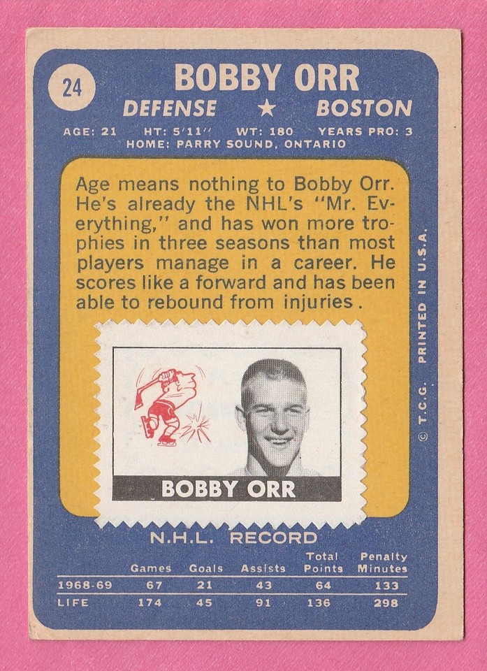 Bobby Orr 1969-70 Topps #24 - Boston Bruins (Stamp On Back) | eBay