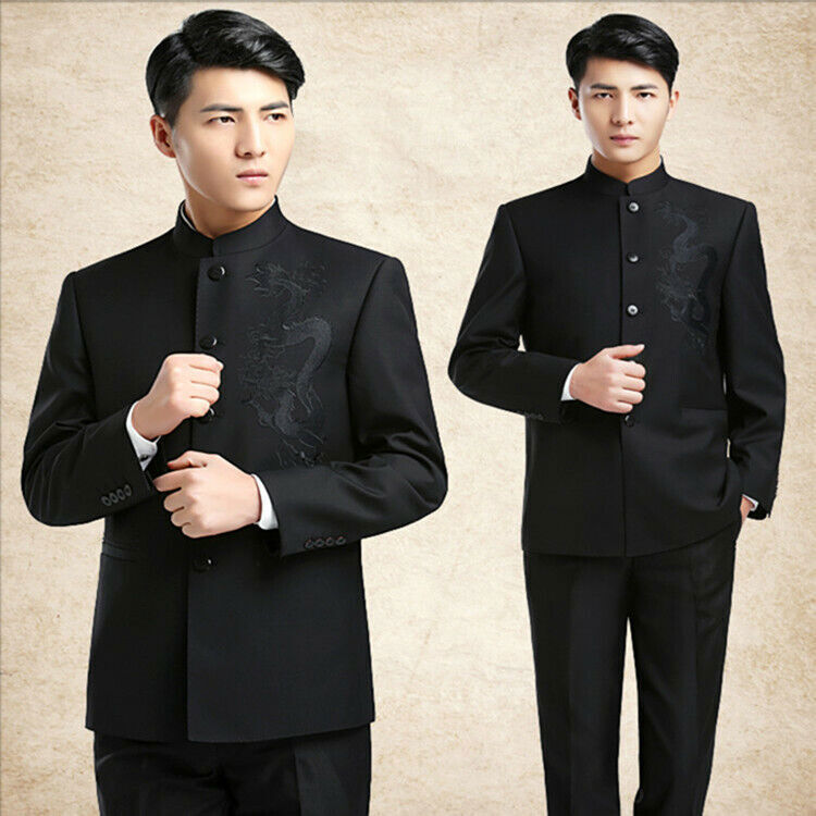 Mens Traditional Mandarin Suit Coat Chinese Banded Collar Single ...