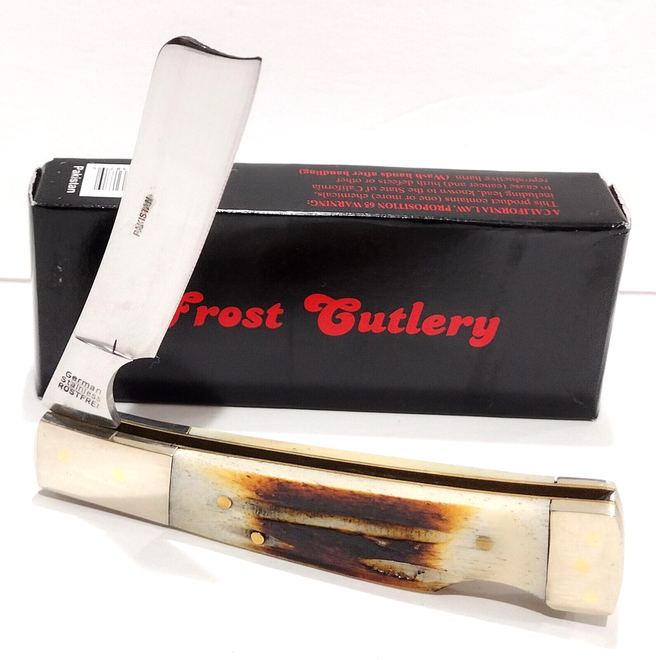 Frost Cutlery 2nd Cut Buck Bone Lockback Straight Razor Folding Pocket ...