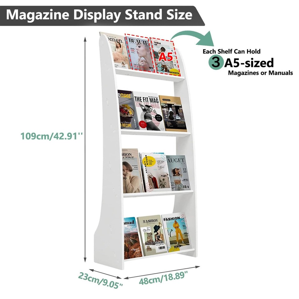 Magazine Holder, 4 Tier Mgazine Display Stand Floor Magazine Rack White ...