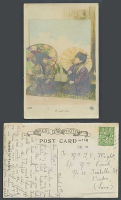 Japan 1917 Old Real Photo Colour Postcard A Quiet Chat Geisha Girls and ...