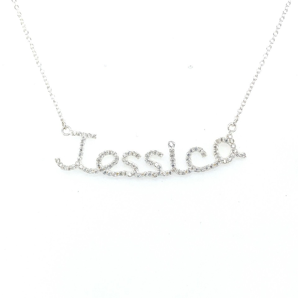 Jessica - Crystal Name Plate Bling Necklace Pendent Silver female ...