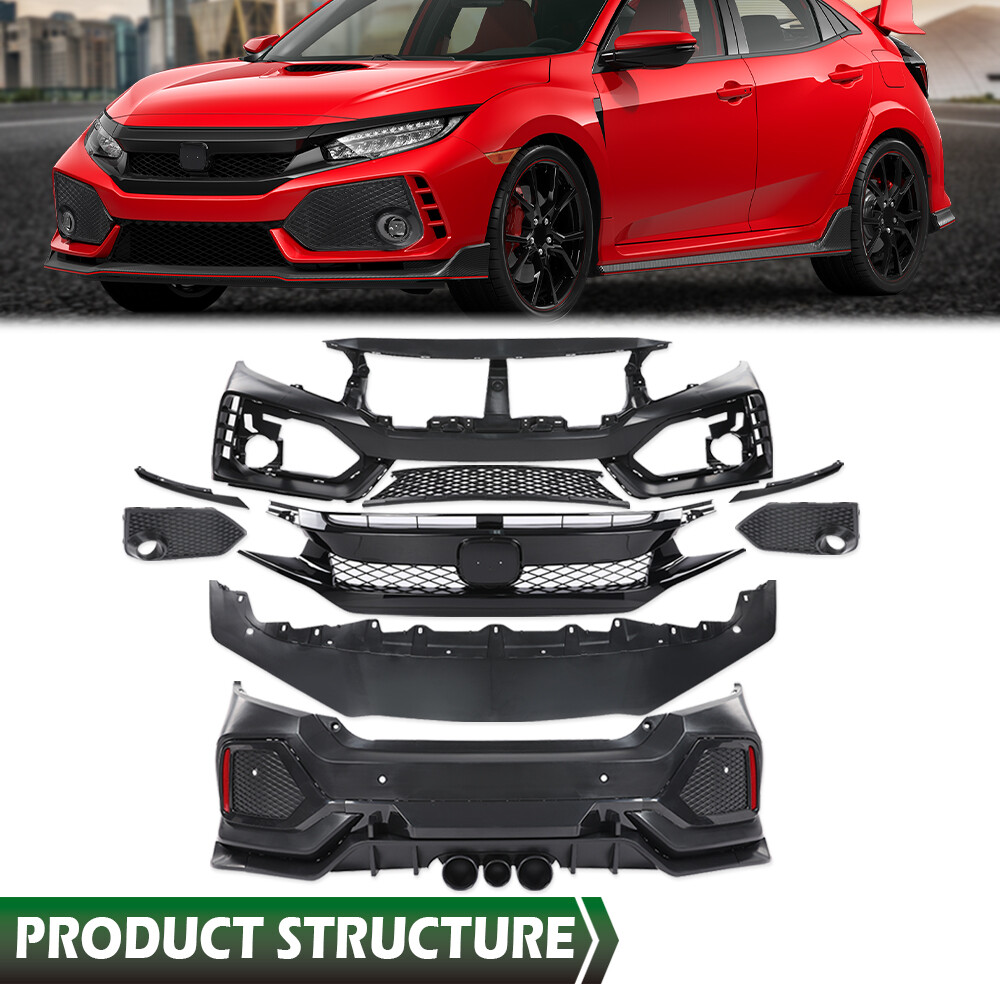 Fit For 2016-2021 Honda Civic Type-R Style Front & Rear Bumper Cover ...