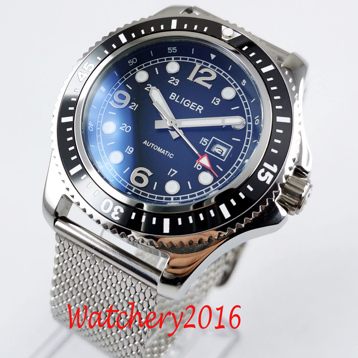 Bliger 44mm Black dial Luminous ceramic bezel automatic mechanical men ...