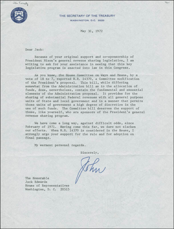 JOHN B. CONNALLY JR. - TYPED LETTER SIGNED 05/31/1972 | eBay