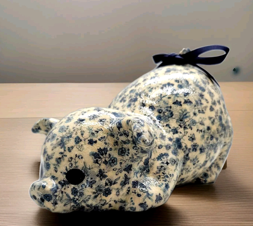 Vtg Decoupage Ceramic Pig White Blue Floral Chintz Chinoiserie Country ...