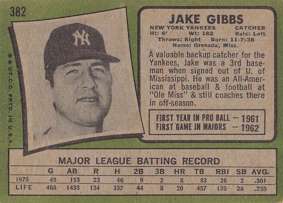 1971 Topps Baseball Jake Gibbs #382 VG+ or BETTER CONDITION NEW YORK ...
