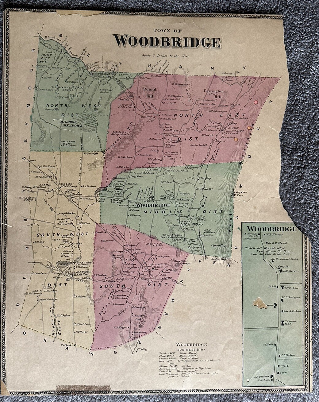 1868 Original Woodbridge Connecticut Map. Shows Homeowners Names | eBay