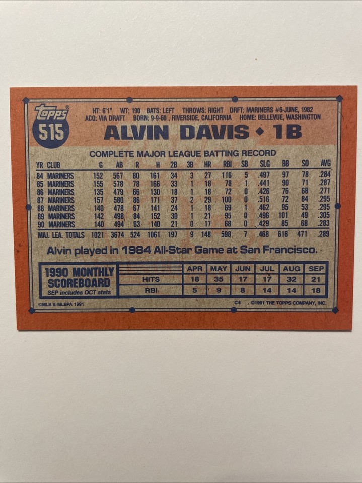 1991 Topps Alvin Davis Seattle Mariners #515 NM MLB | eBay