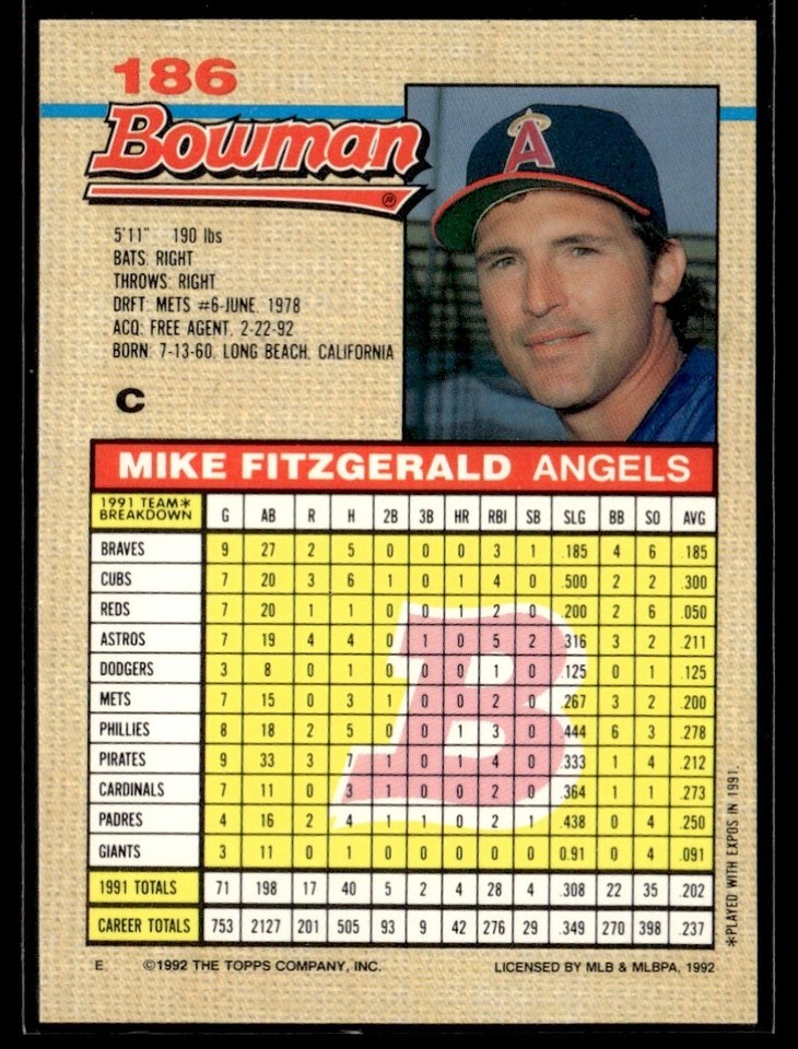 1992 Bowman #186 Mike Fitzgerald California Angels | eBay