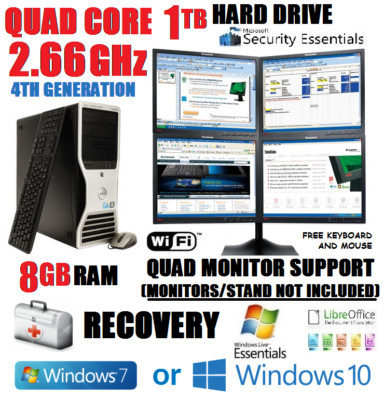 🔥DELL🔥4-MONITOR TRADING COMPUTER🔥QUAD 2.66GHz🔥8GB🔥1TB WIFI KEY MOUS ...