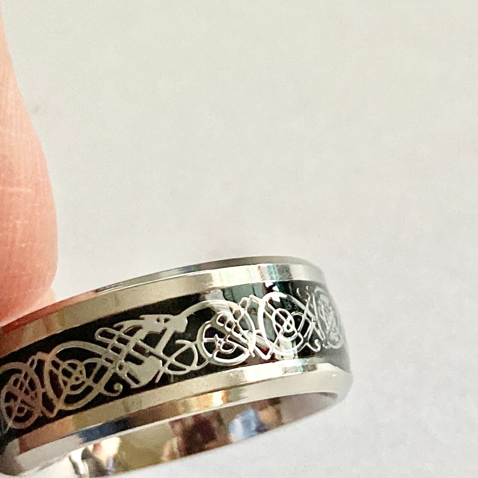 Stainless Steel Celtic Etched Band Ring Silver Tone Mens Women Size 12 ...