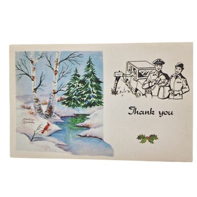 Postcard Thank You Mail Carrier Christmas Winter Scene Snow Cardinal ...