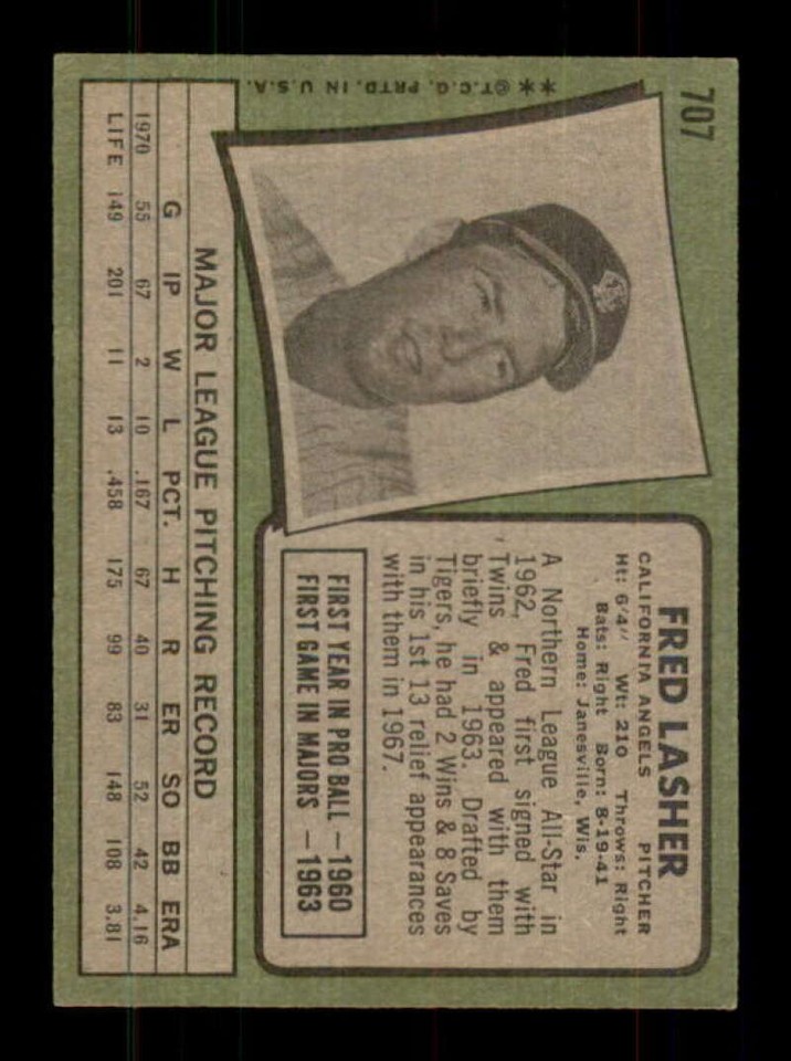 1971 Topps #707 Fred Lasher VG/VGEX Angels 530918 | eBay