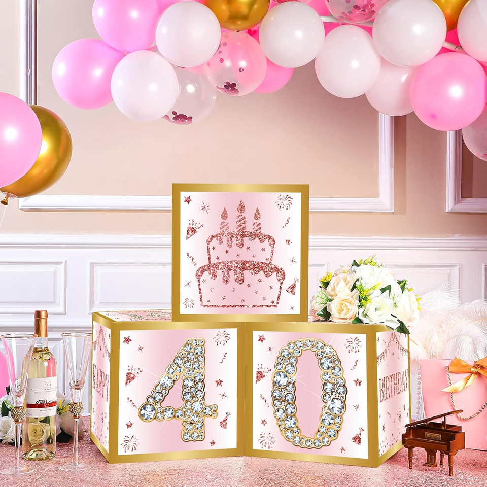 40Th Birthday Decorations Boxes for Women - 3PCS Pink Rose Gold Happy ...