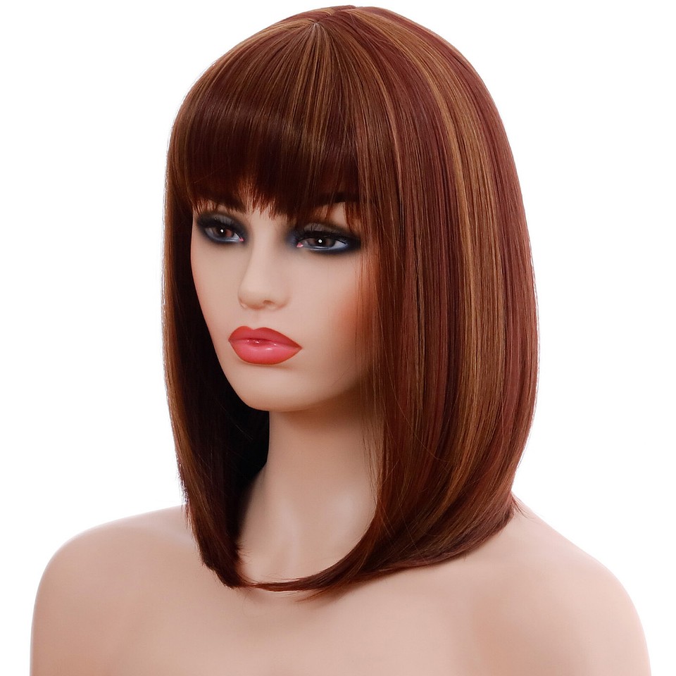 14" Women's Brown Medium Length Straight Wig Bob Wigs with Hair Bangs Adjustable | eBay
