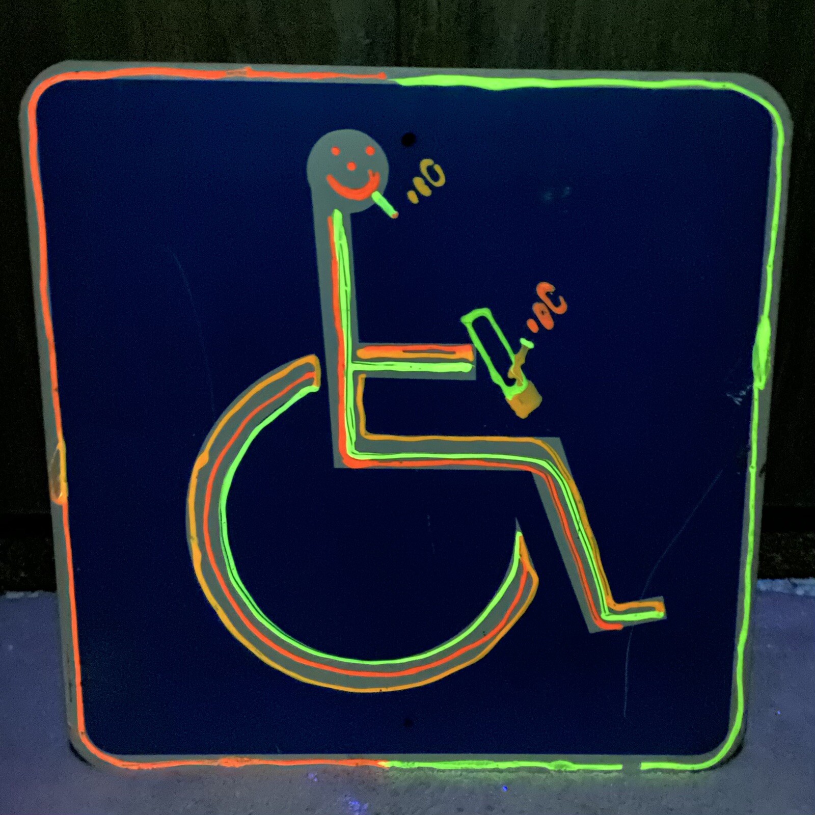 Vintage Metal Handicap Sign 18x18 Urban Folk Art PAINT GLOWS UNDER UV ...