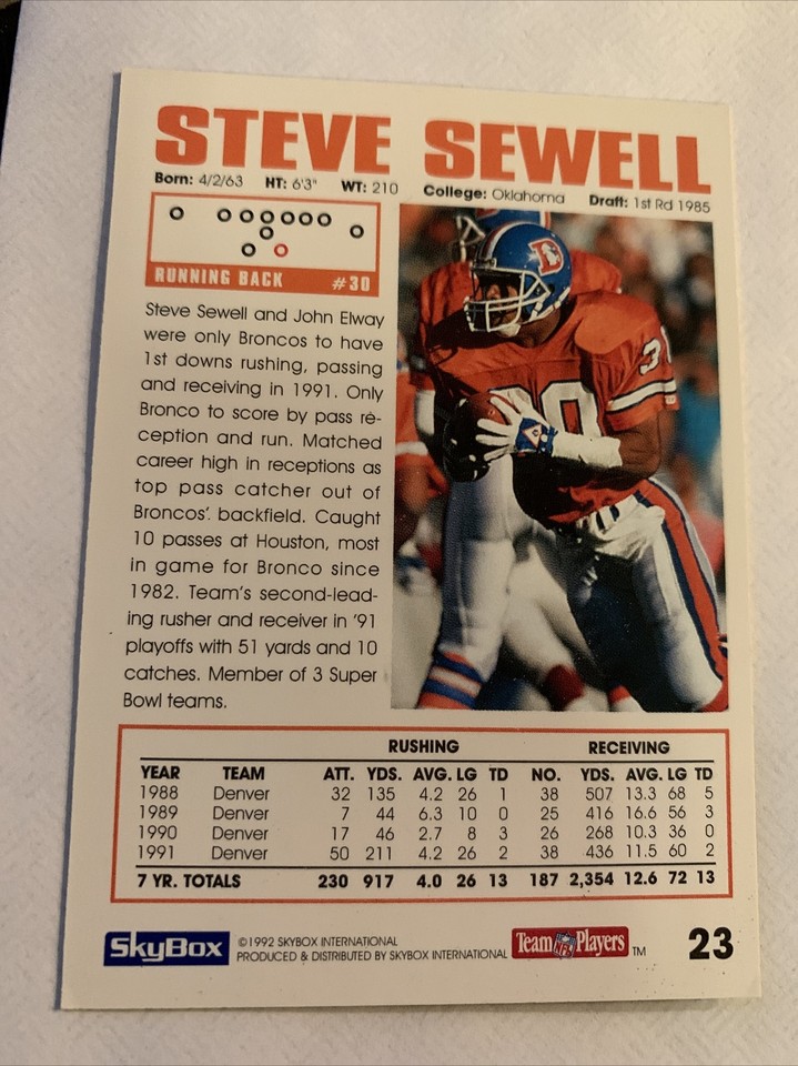 1992 SkyBox Football Card #23 Steve Sewell Denver Broncos NmMt Free ...