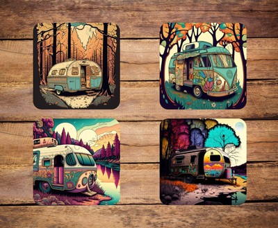 Caravan Camping Hippie Colorful Set Of 4 Neoprene Coasters Bar Birthday ...