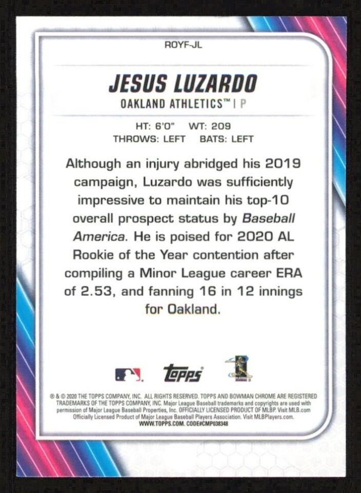 2020 Bowman Chrome JESUS LUZARDO Rookie Baseball card OAKLAND A's Miami ...