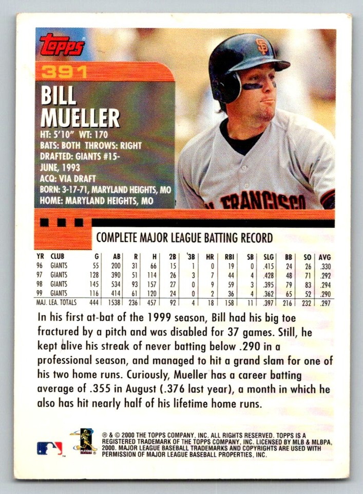 2000 TOPPS BILL MUELLER SAN FRANCISCO GIANTS #391 | eBay