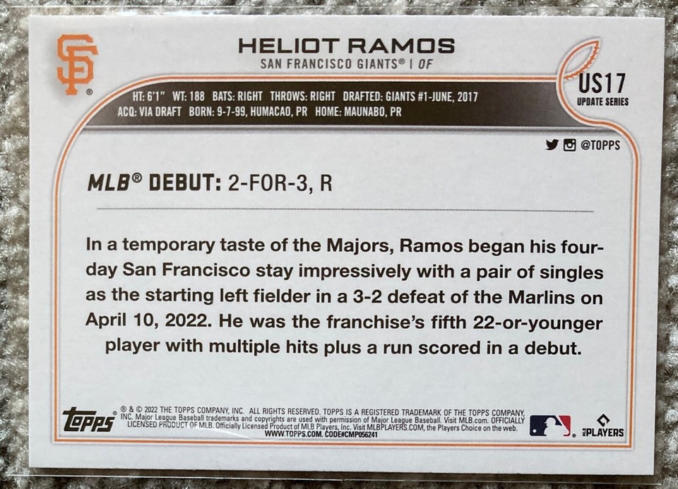 2022 Topps Update Blue Heliot Ramos Debut Rookie Giants #US17 | eBay