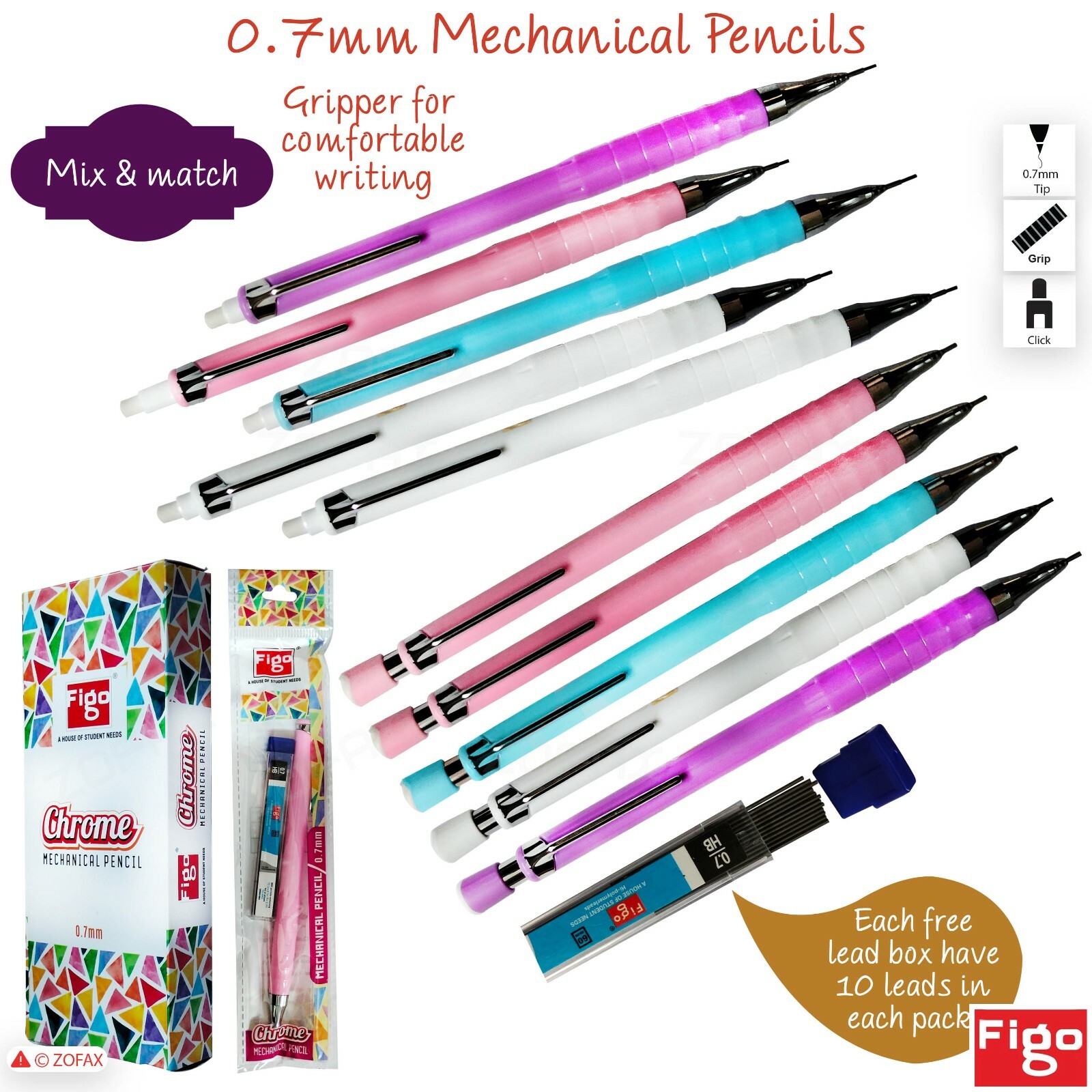 MECHANICAL PENCILS 0.7mm Lead FIGO Chrome Eraser Tip Propelling Pencil ...