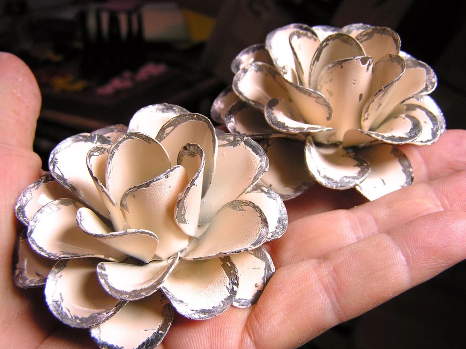 TWO Large Off White roses, metal flowers, embellishments, crafting ...