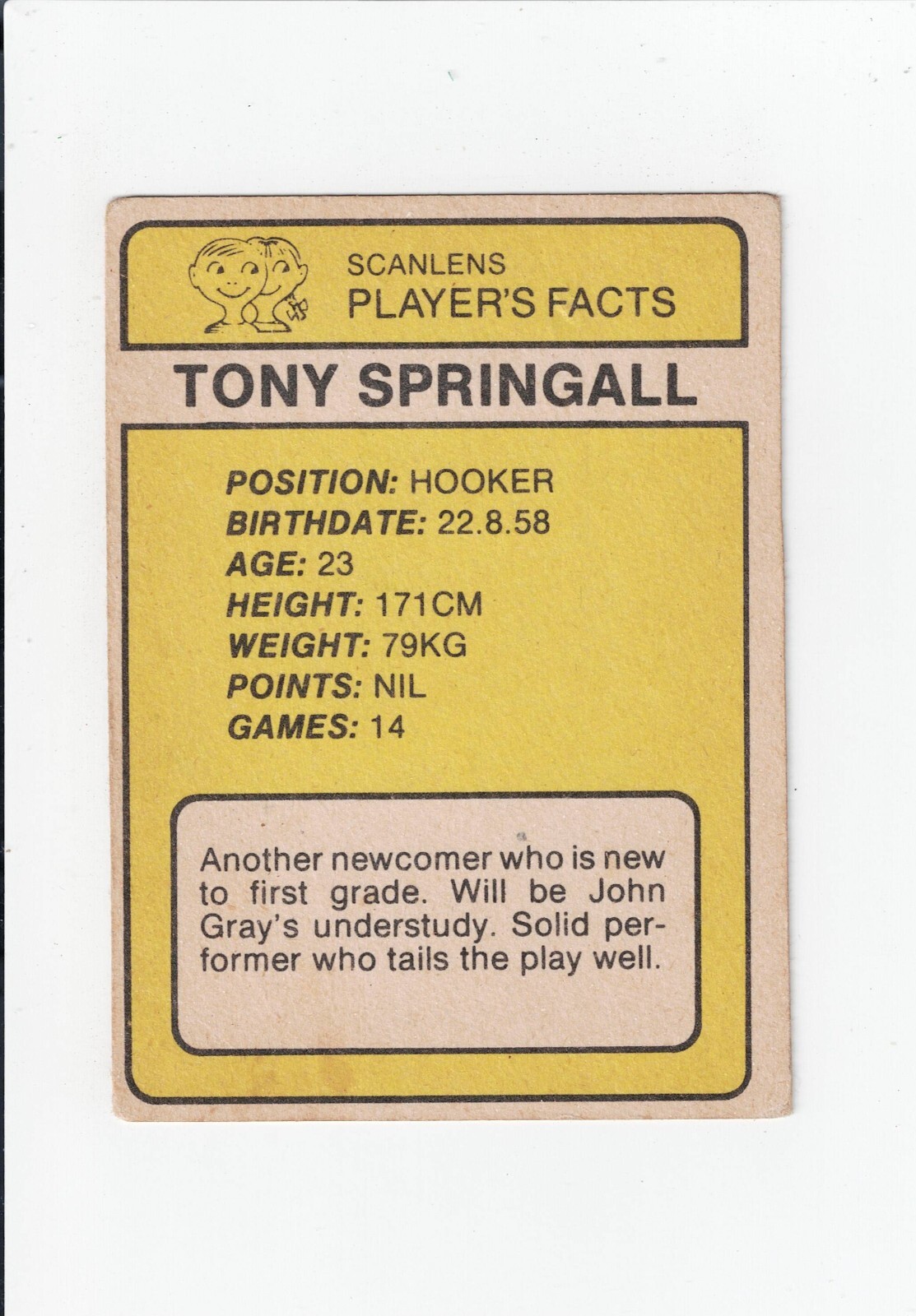 1981 Scanlens Rugby League Tony Springall #138 (North Sydney Bears) | eBay