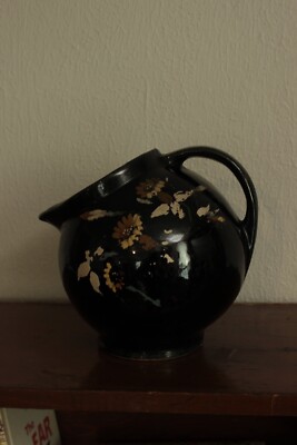 VINTAGE BLACK BALL PITCHER W/LID-HANDLE STONEWARE CROCK SLANTED TRACE ...
