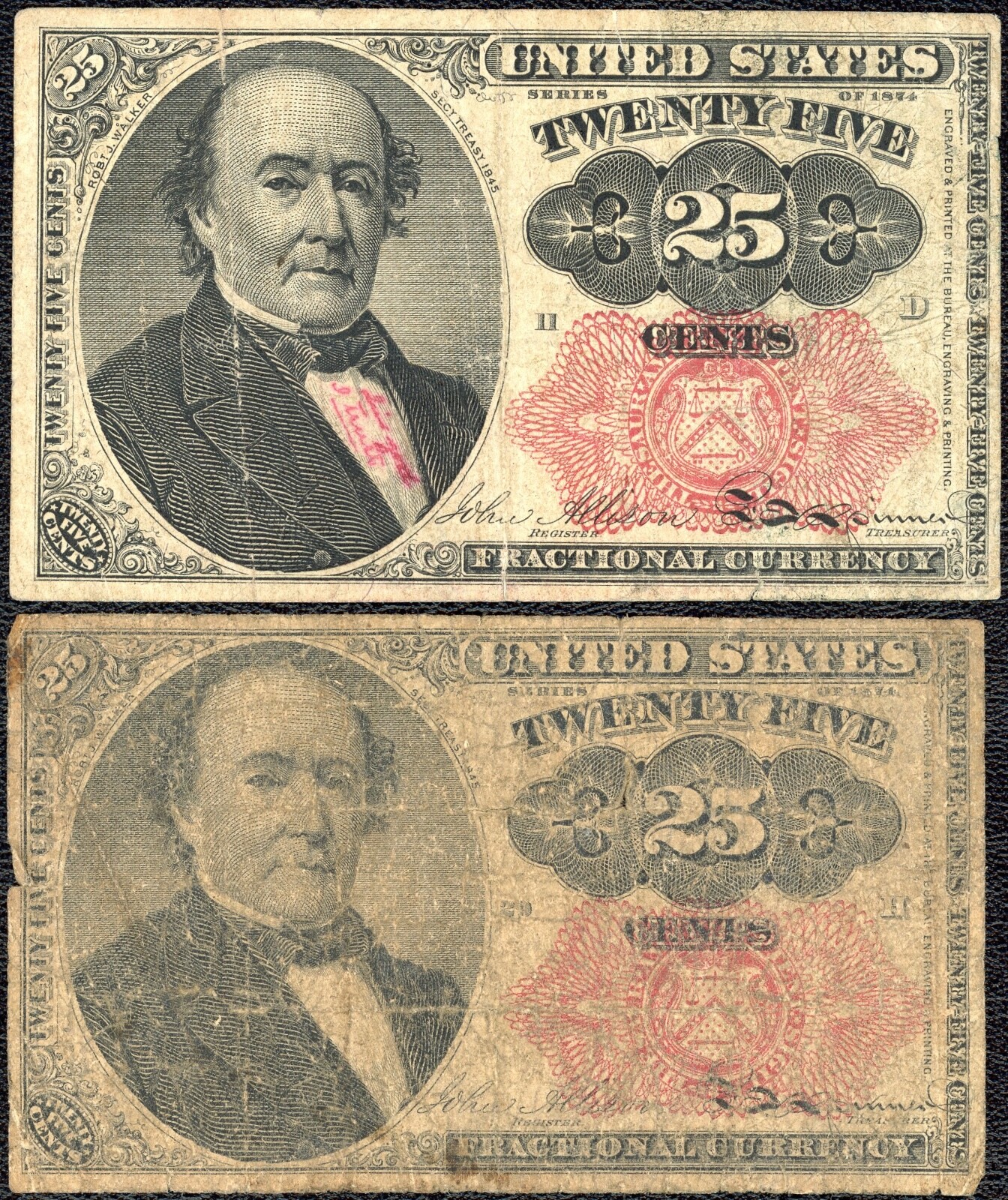 Lot of 2x 1874 Fifth Issue 25C Twenty Five Cent Fractional Currency ...