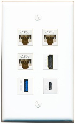 [6 Ports] 3 CAT6 HDMI USB-3 USBC Port Wall Plate Flat White | eBay