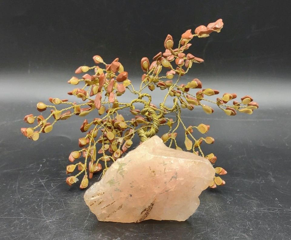 Vtg Red Jasper Gemstone Gold Wire Wrapped Tree On Rose Quartz Stone ...