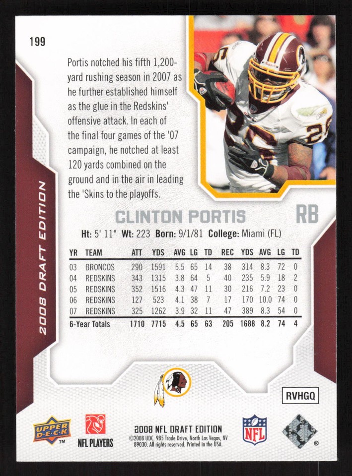 2008 Upper Deck Draft Edition Clinton Portis #199 Washington Redskins ...