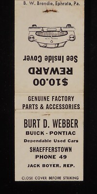 1950s Burt D. Weber Buick Pontiac Jack Boyer Phone 49 Schaefferstown PA ...