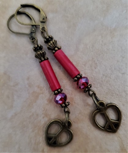 Red Howlite HEART Charm Earrings, Bronze Tone LeverBack Earwires ...