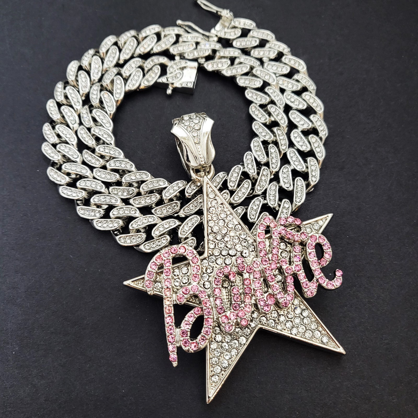 Women Silver Shiny Barbie Star Charm & Iced Cubic Zirconia Cuban Chain ...