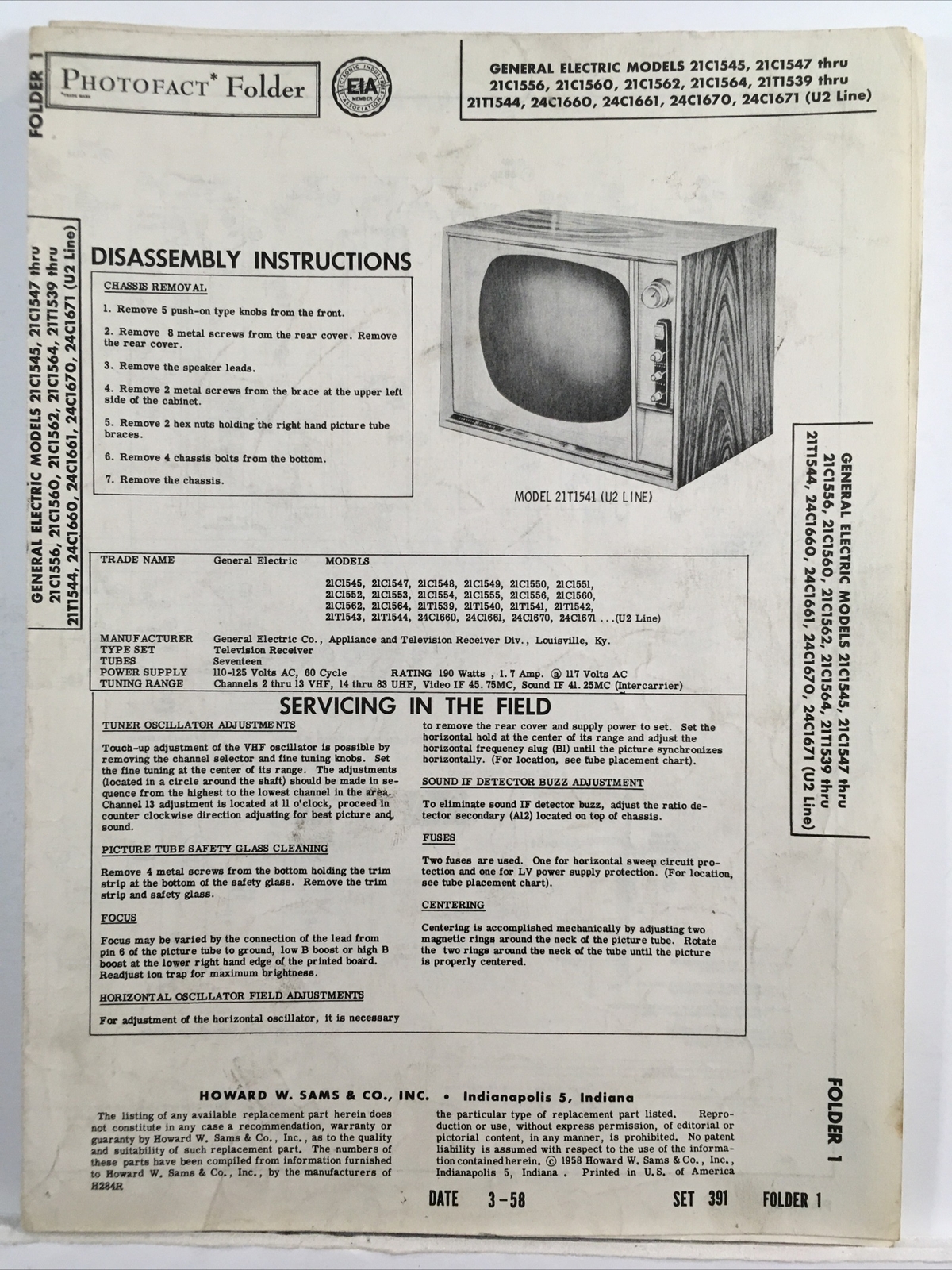 Vintage Photofact Folder 20pg. 1958 General Electric TV. Models many ...