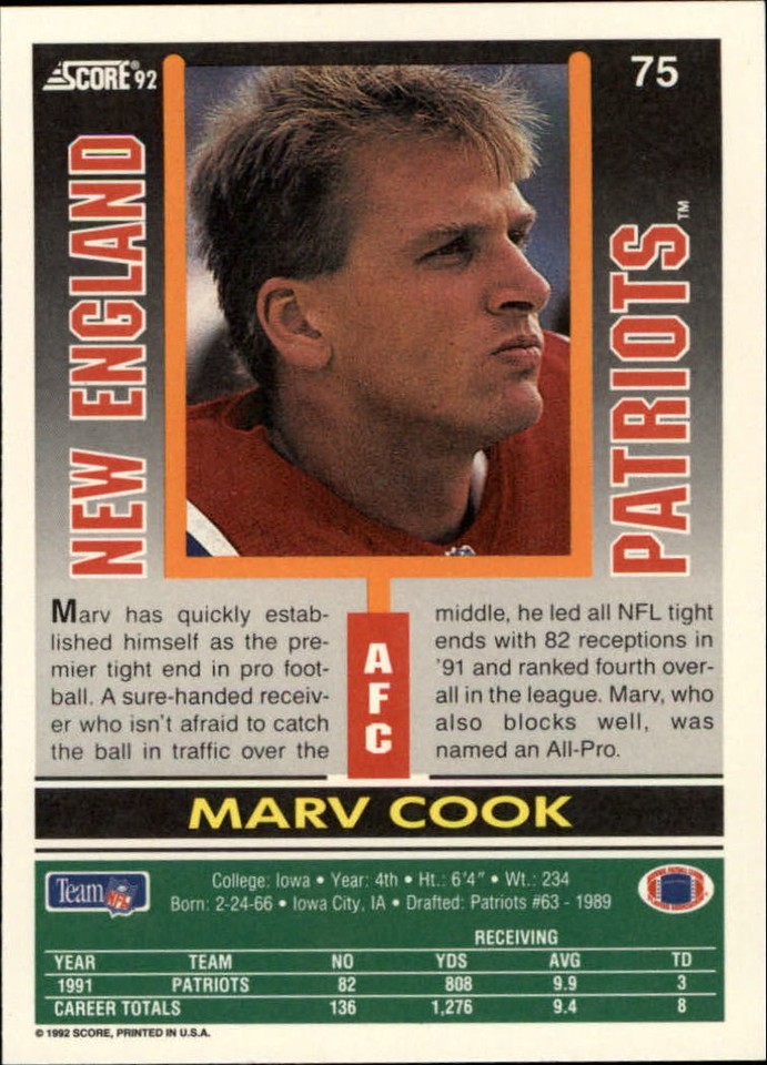 1992 Score Football Card #75 Marv Cook | eBay