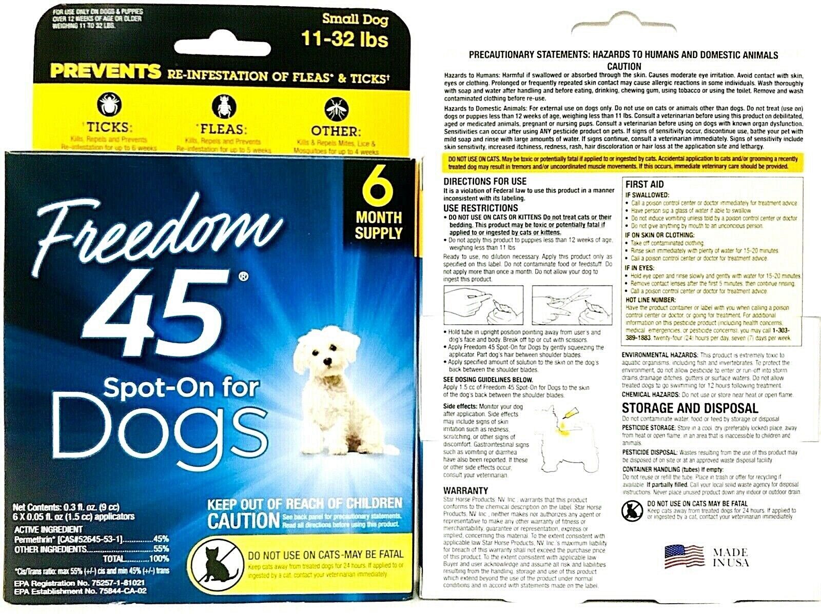 Freedom 45 Spot – on for Small Dogs (11 to 32 Pounds, Six-month Supply ...