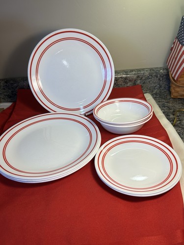 8 PC CORELLE Dishes White &Red STRIPE VITRELLE 4 DINNER Plates 2 Bowls ...